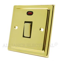 Victorian Polished Brass 20A Double Pole Switch 20 Amp DP Switch w/Neon